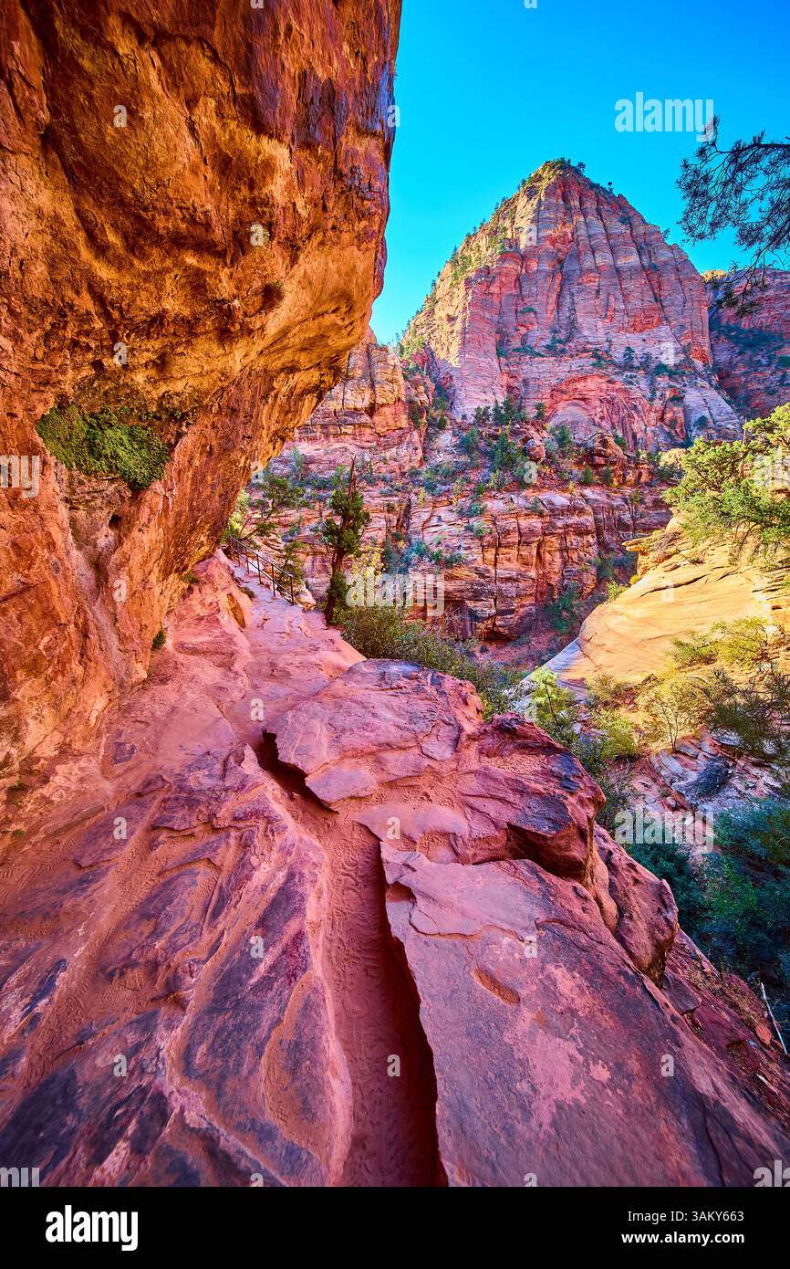 Rugged Zion Canyon Path with Towering Red Rocks Eye Level View Stock ...