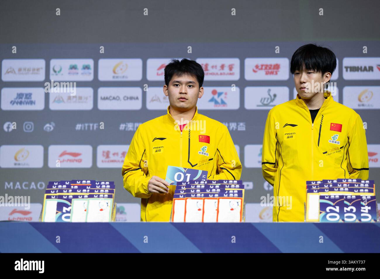 Macao, China. 13th Apr, 2025. Lin Shidong (L) and Wang Chuqin of China ...