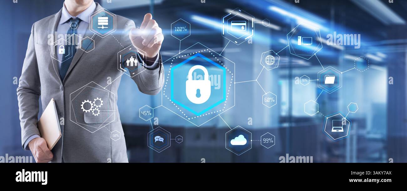 Digital security concept. Futuristic monitor with information data ...