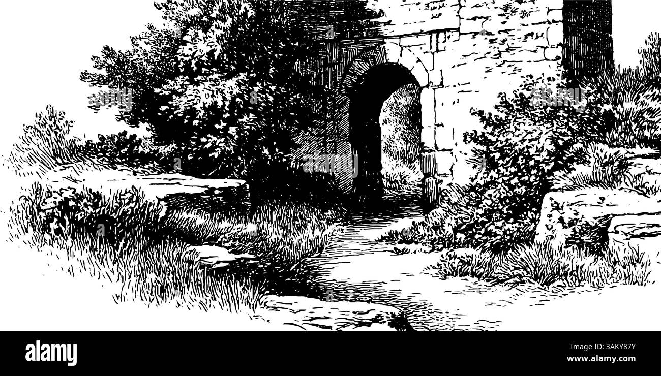 Medieval castle gate engraving banner for historical design and ...