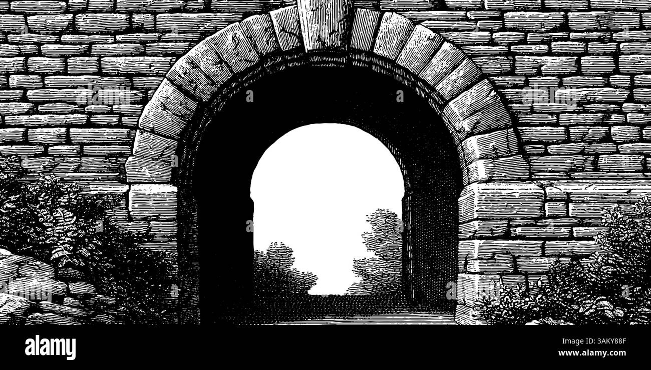 Engraved castle gate design for banner with historic architecture theme ...