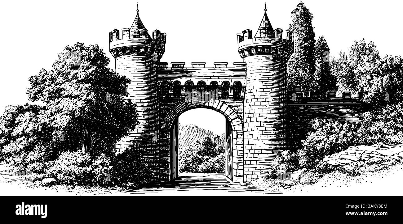 Historic castle gate engraved illustration for medieval fantasy design ...