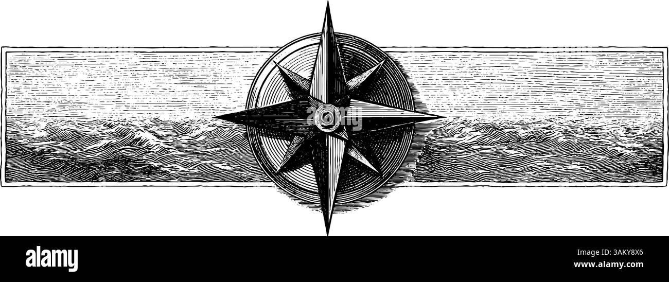 Vintage nautical compass rose with ocean waves engraved illustration ...