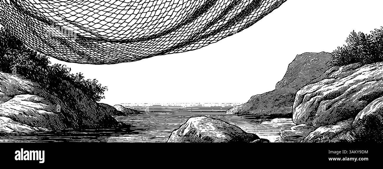 Engraved coastal scene with fishing net draped over rocky landscape ...
