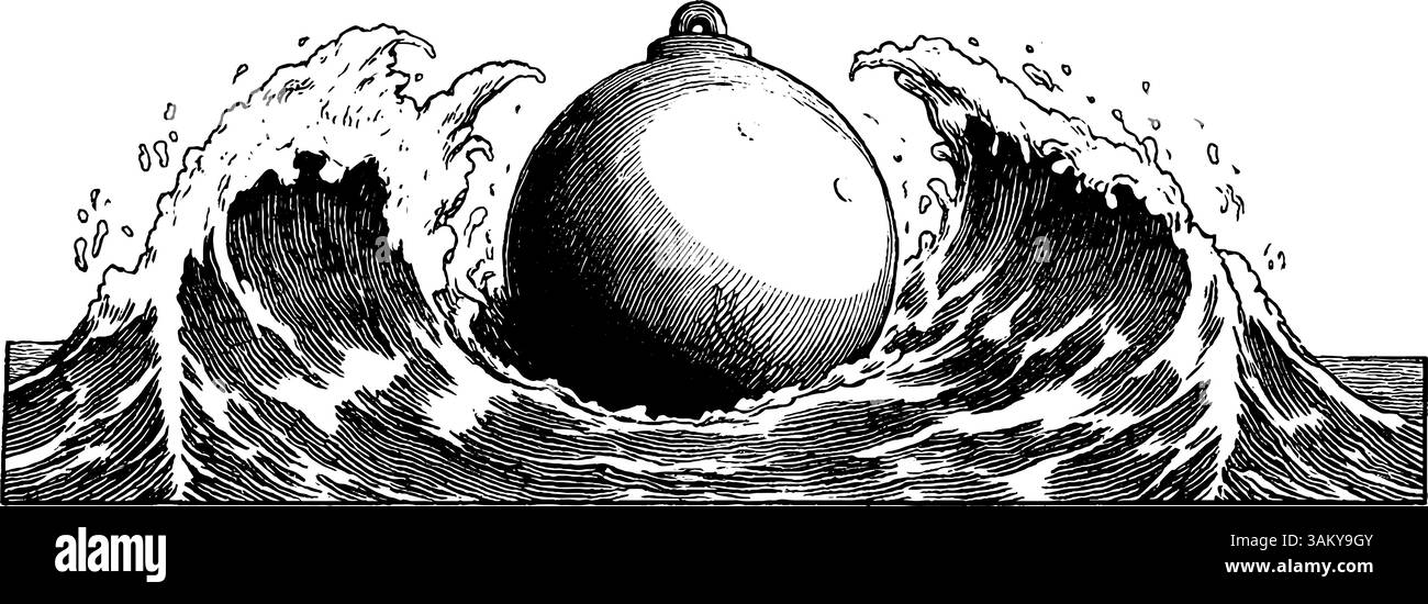 Nautical engraving of floating buoy amidst ocean waves for maritime ...