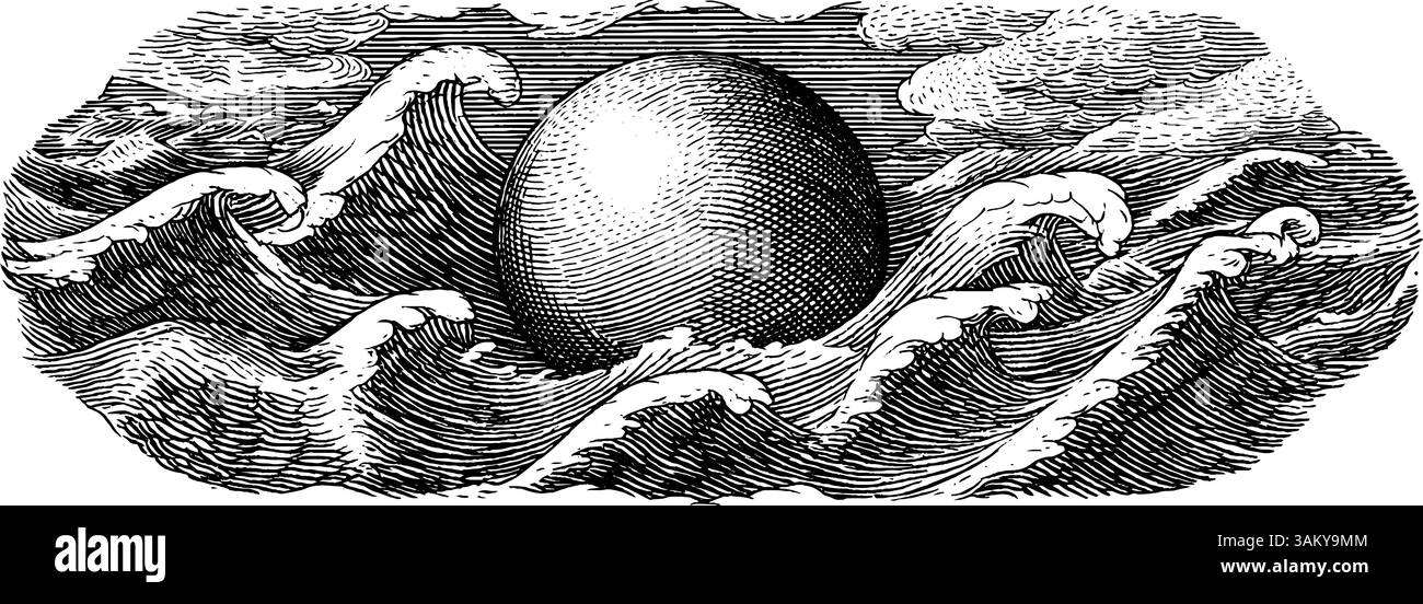 Vintage nautical scene with engraved floating buoy and ocean waves ...