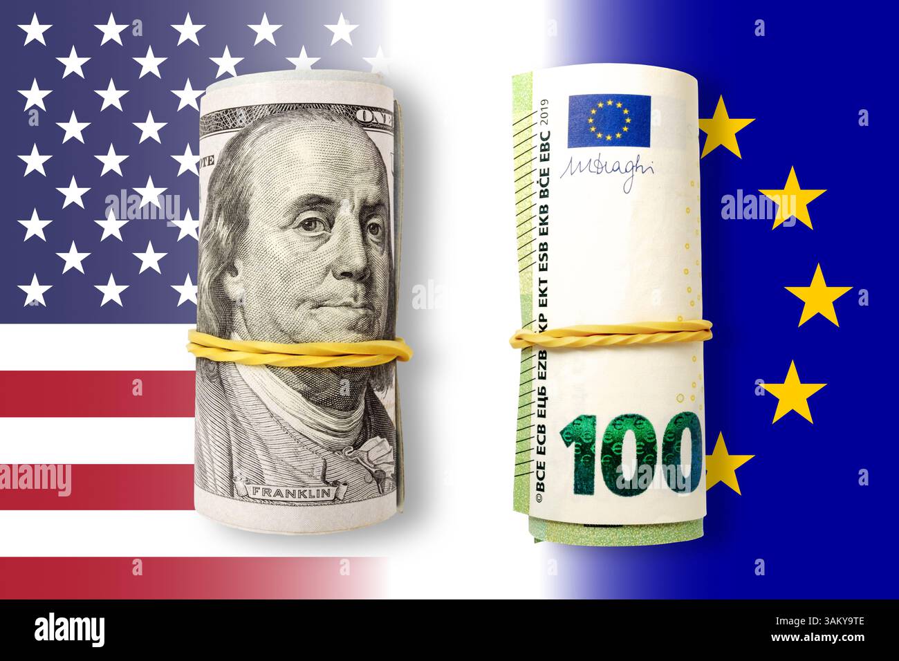 100 dollars and euros on a US and EU flags background. US and European ...