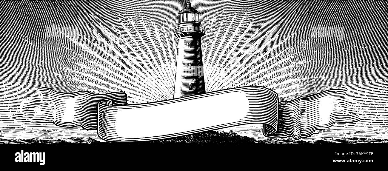 Engraved lighthouse illustration with radiating light and blank banner ...