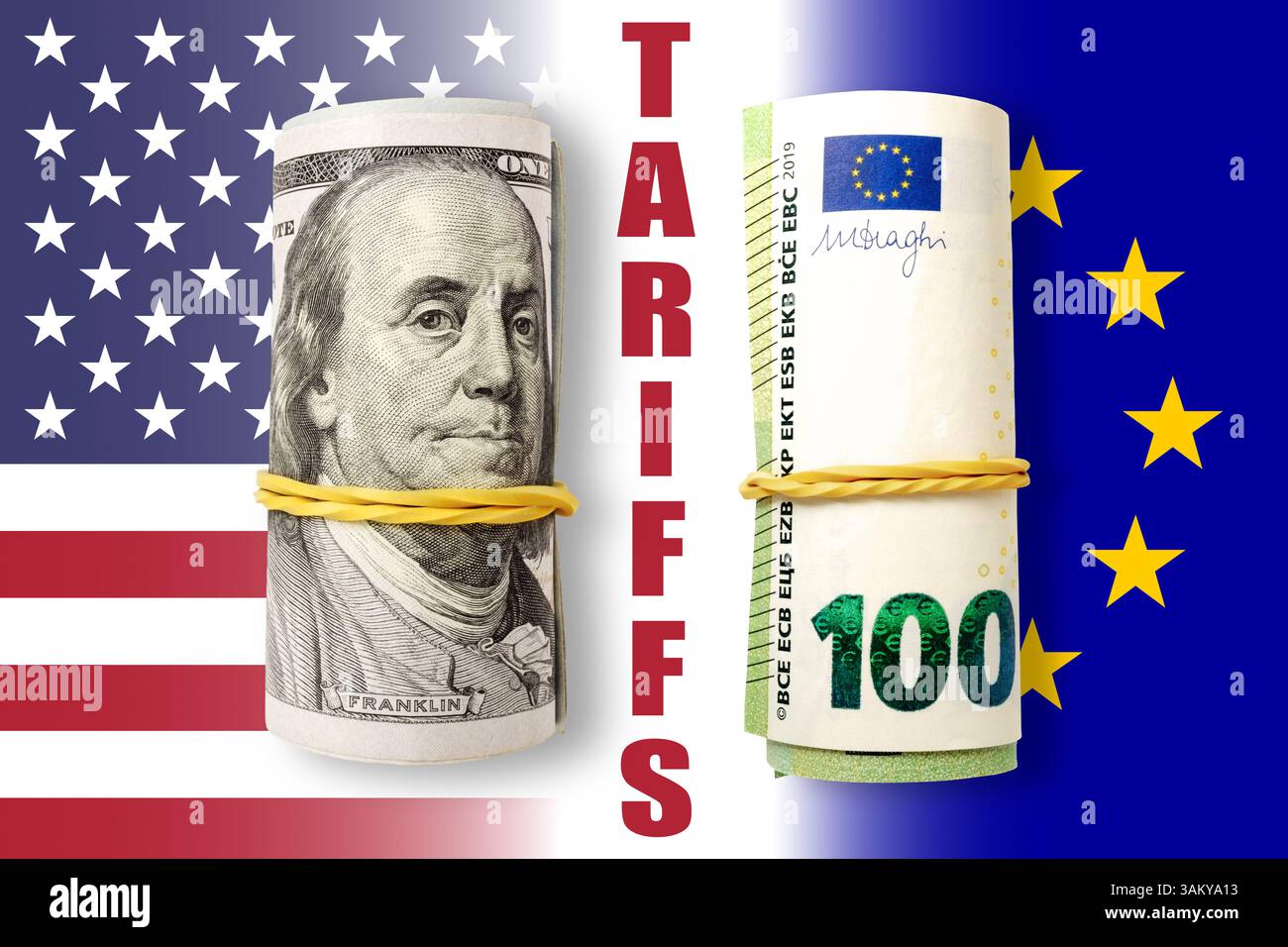 100 dollars and euros on a US and EU flags background. US and European ...