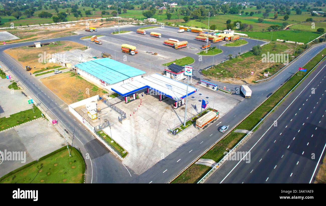 Aerial drone shot locked on Hindustan petroleum gas station, petrol ...