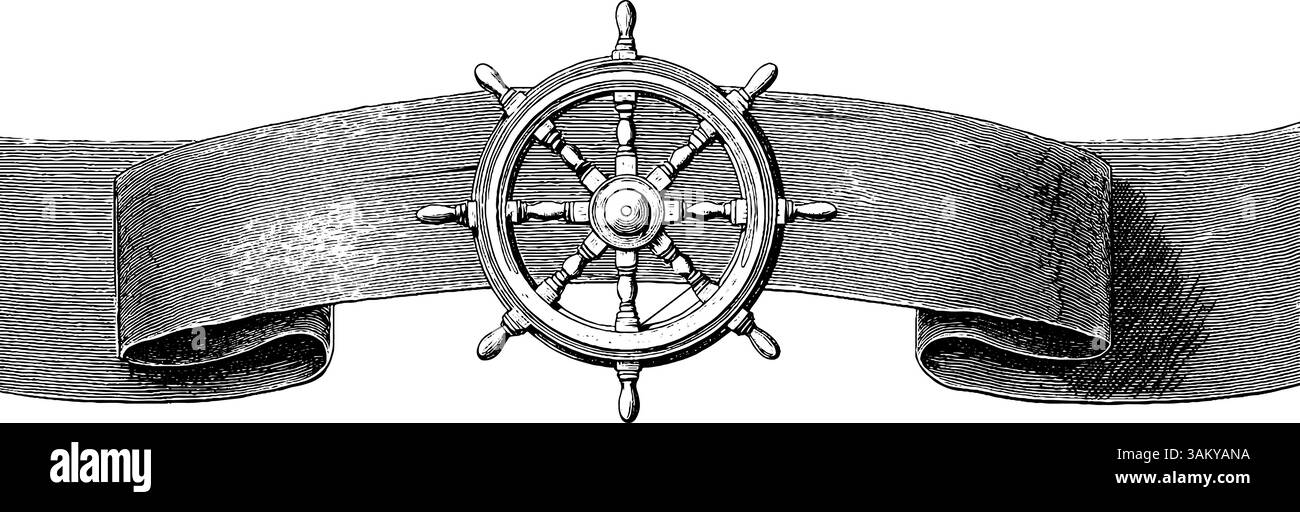 Nautical theme engraved ship wheel with vintage ribbon design for ...