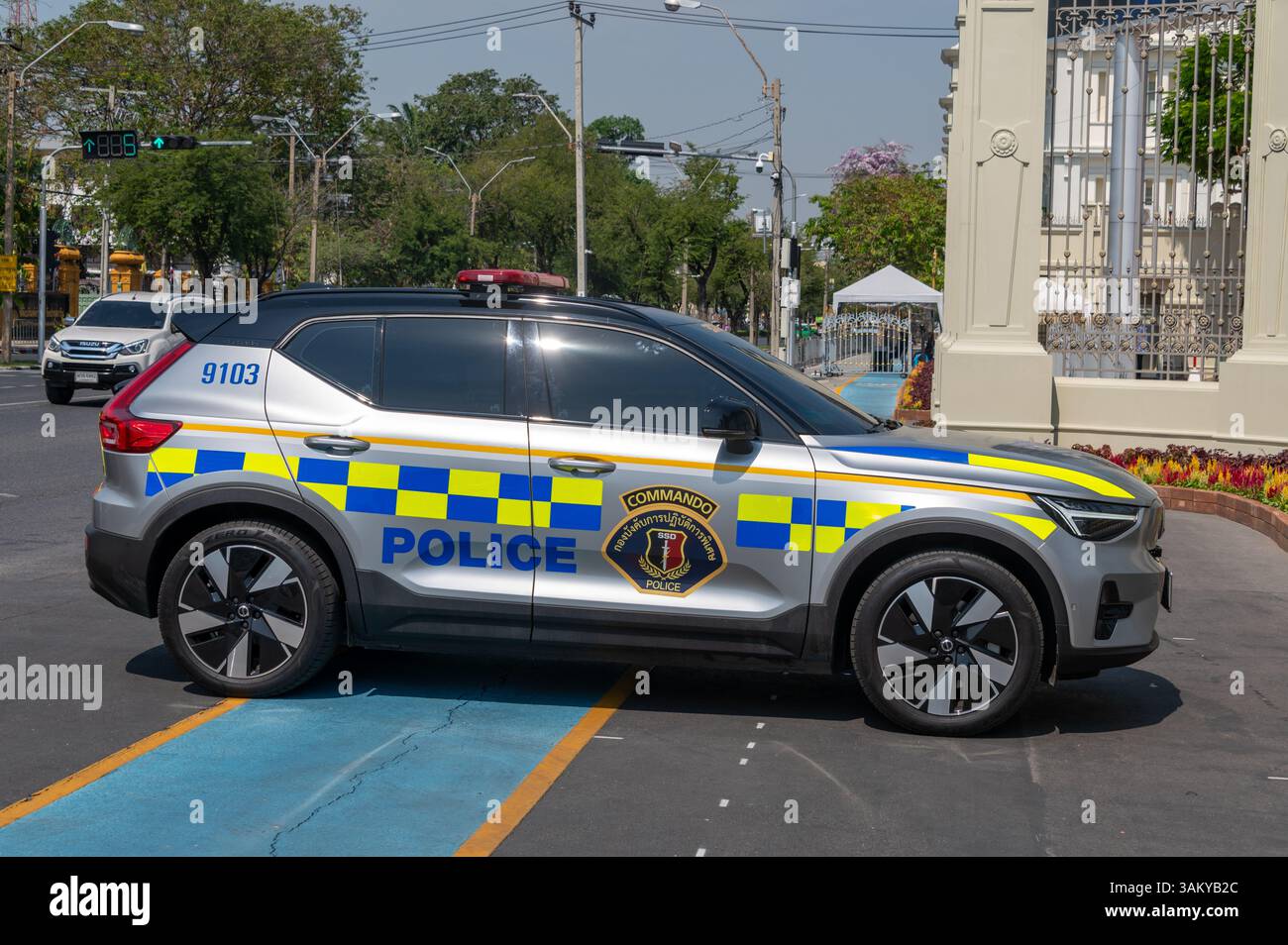 A Bangkok police car stationed at the main gates of the Ananta Samakhom ...