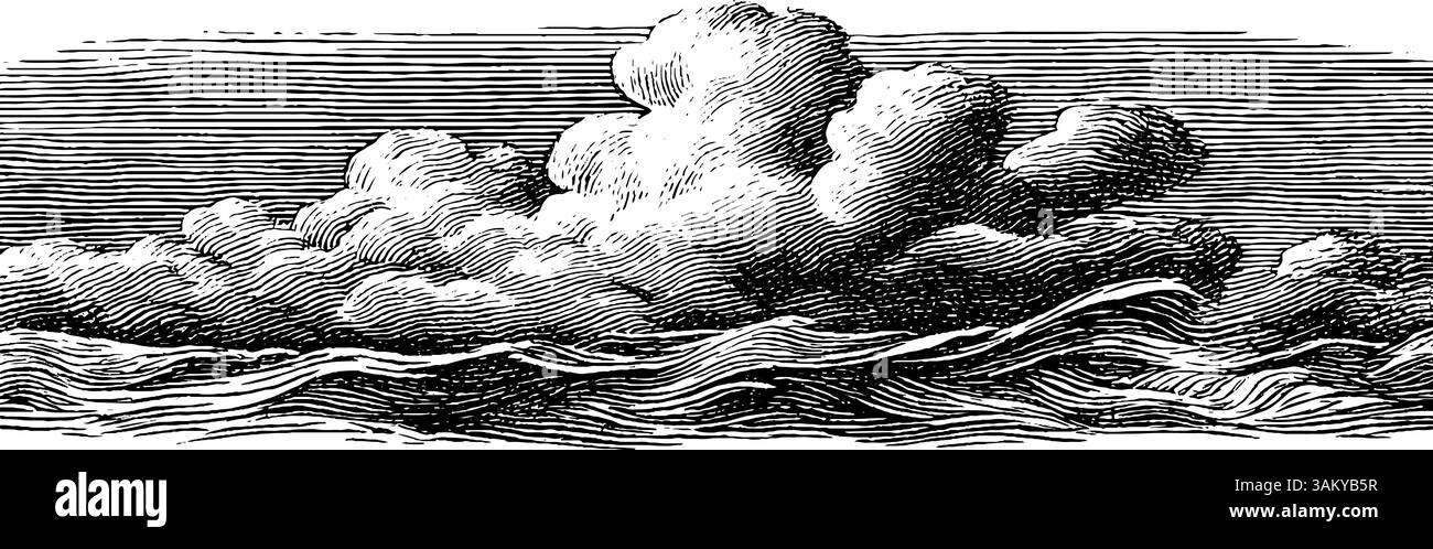 Engraved illustration of a storm cloud above turbulent waves - classic ...