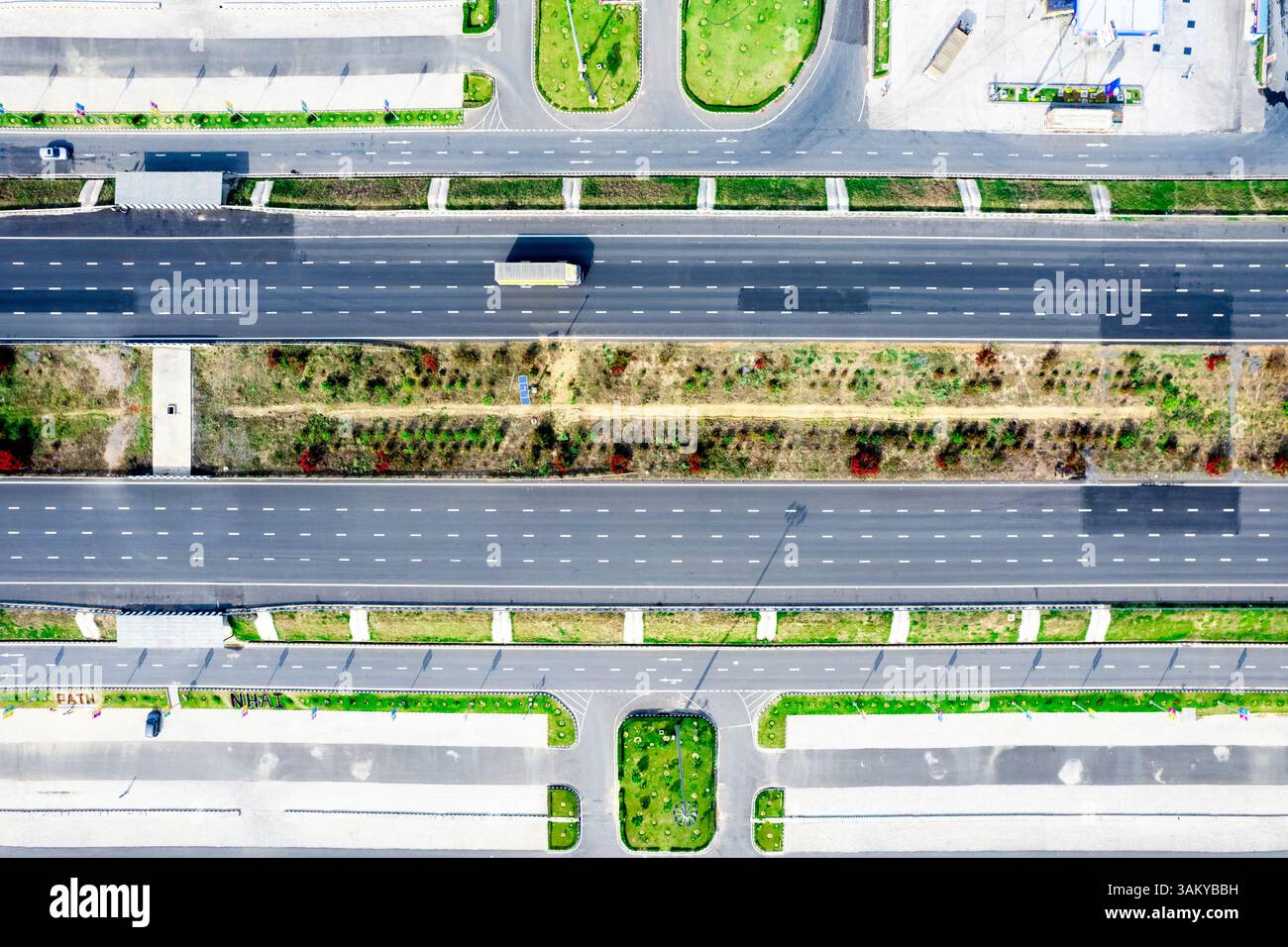 Aerial drone moving back straight down show showing midway rest area ...