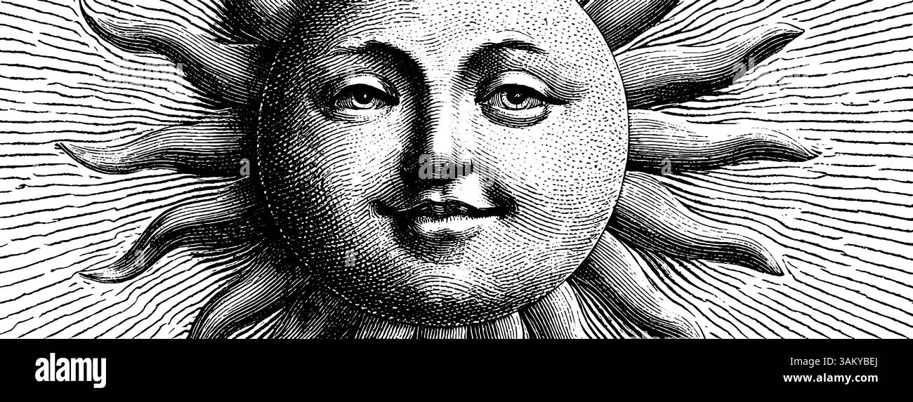 Engraved illustration of a smiling sun with radiant beams Stock Vector ...