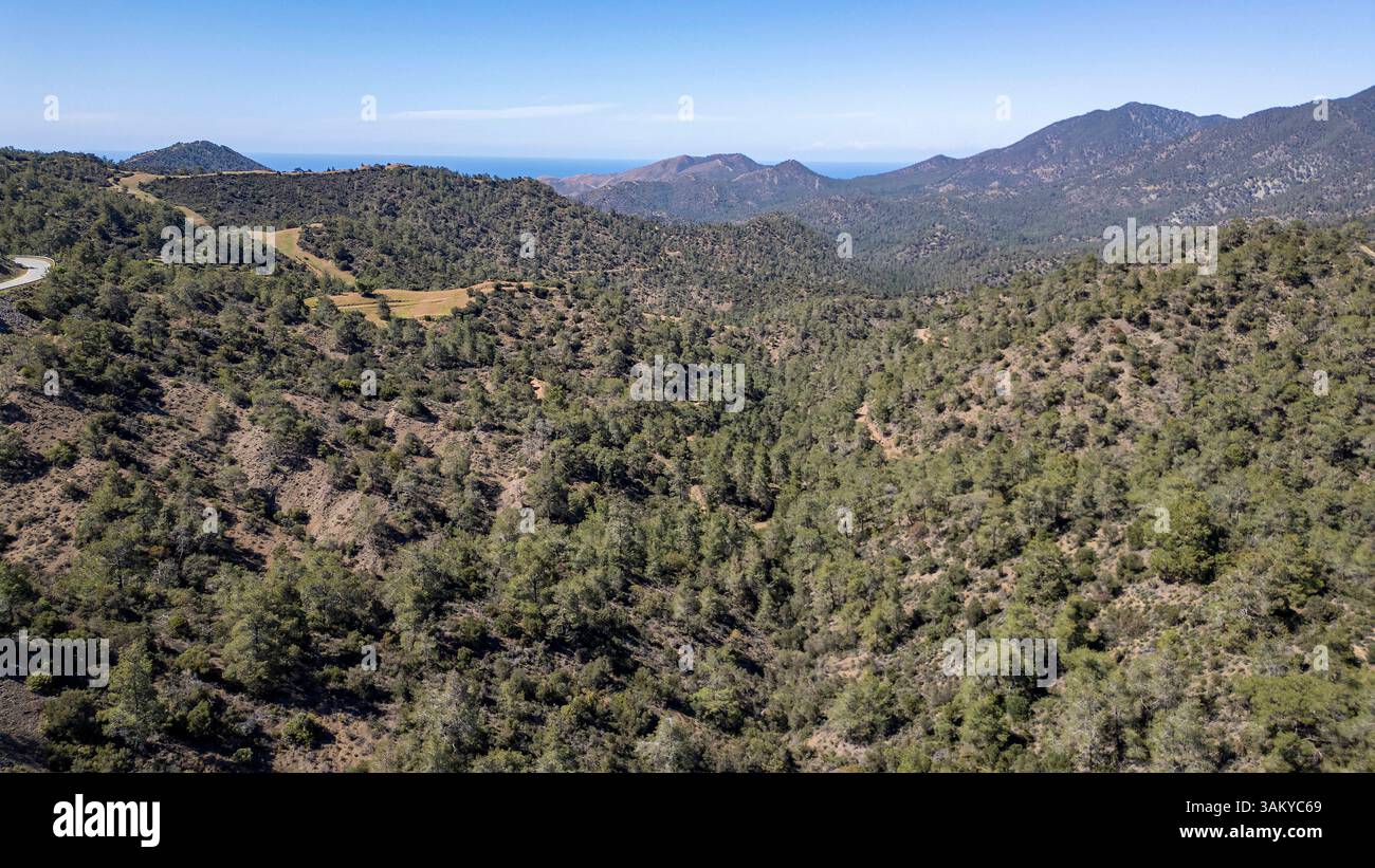 Aerial drone view of Pafos forest and the Troodos foothills, Republic ...