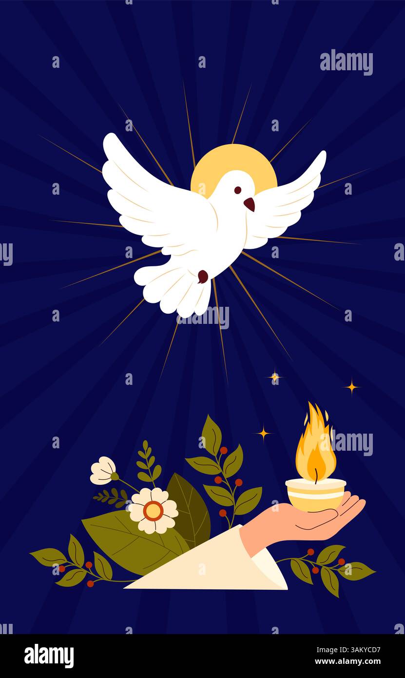 Divine Dove and Hand with Burning Fire Vigil lamp on Blue Background ...