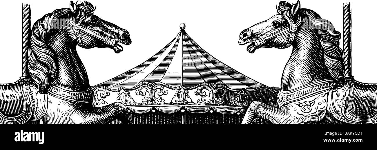 Vintage engraving of carousel horses with carousel tent in classic ...