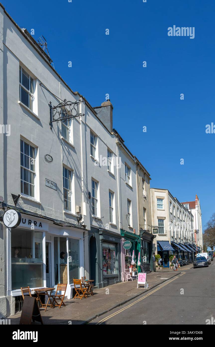Local shops in historic Georgian buildings, The Mall, Clifton, Bristol ...