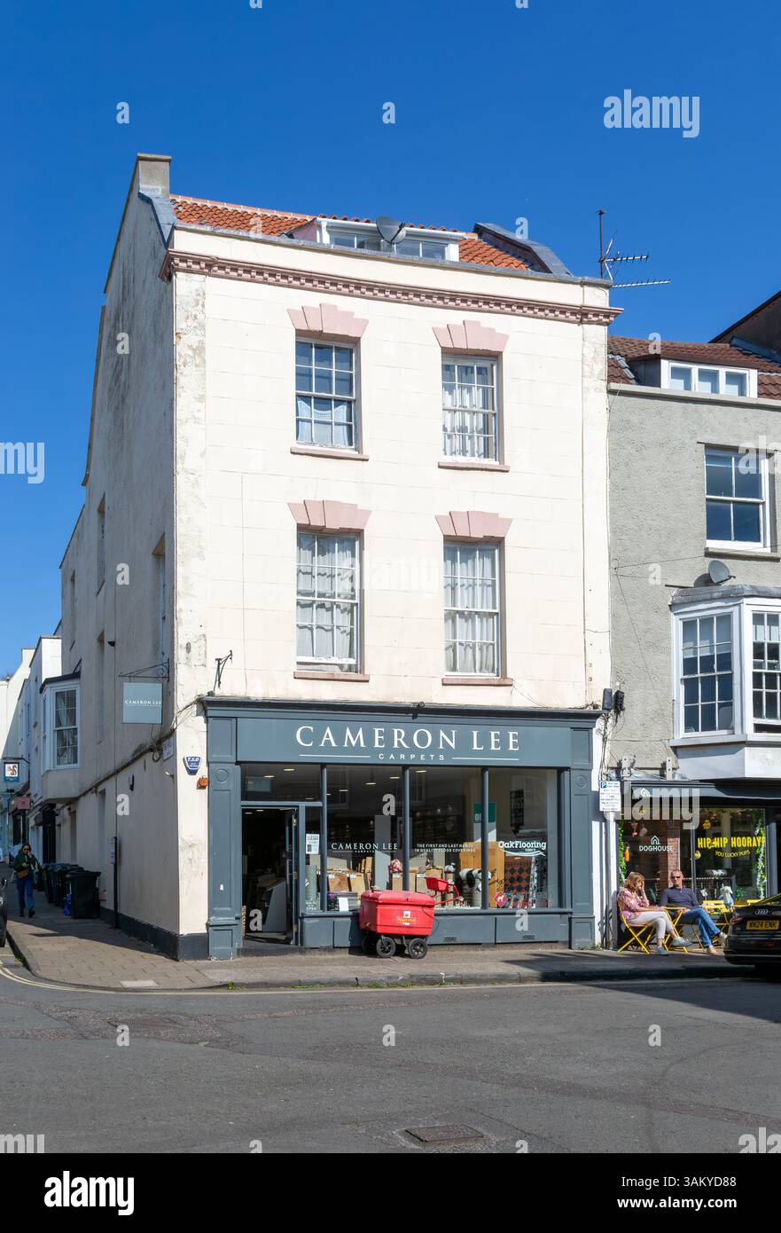 Shops and cafe in historic buildings, Portland Street, Clifton, Bristol ...