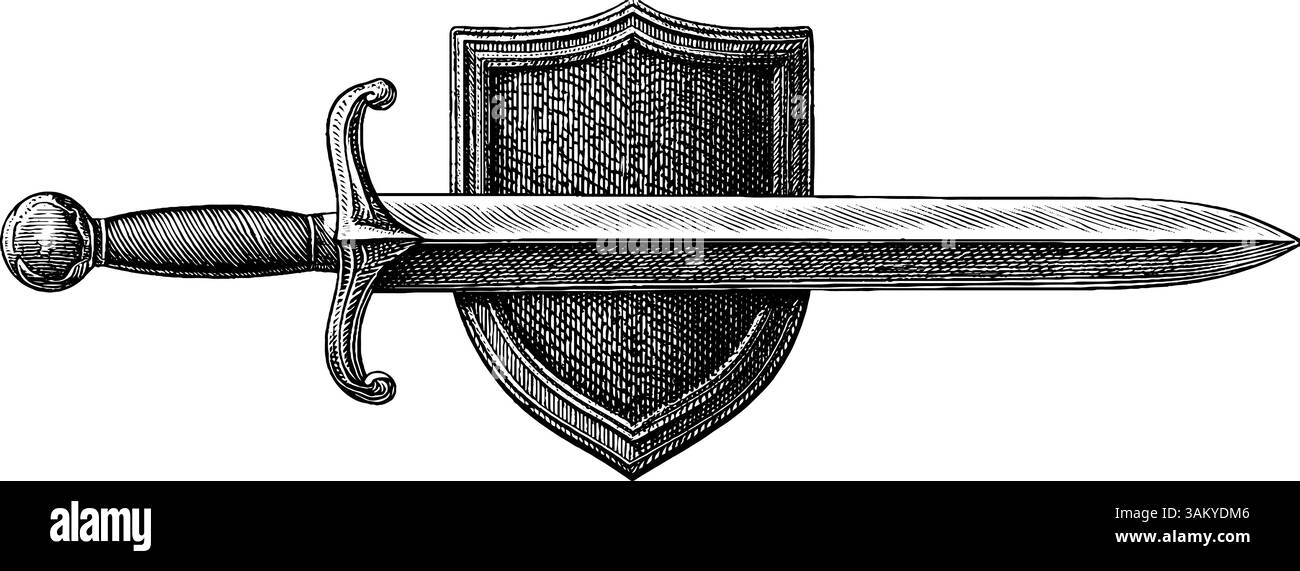 Engraved medieval sword and shield illustration for historical design ...