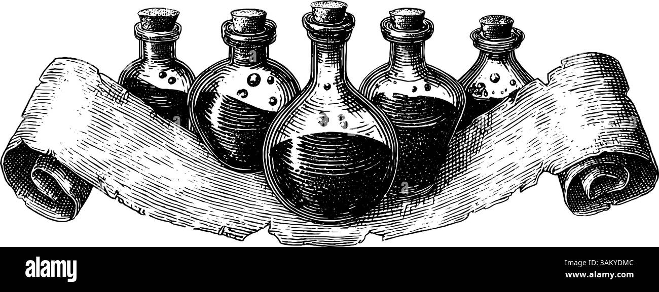 Vintage engraved illustration of magical potion bottles with scroll for ...