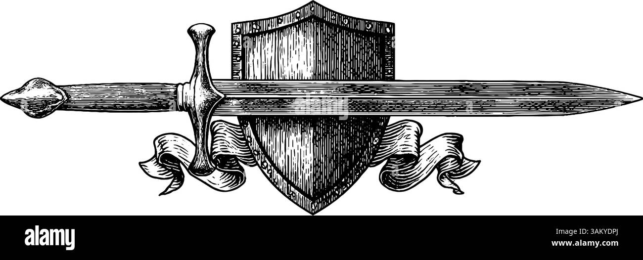 Medieval sword and shield engraving with ornate details for historical ...