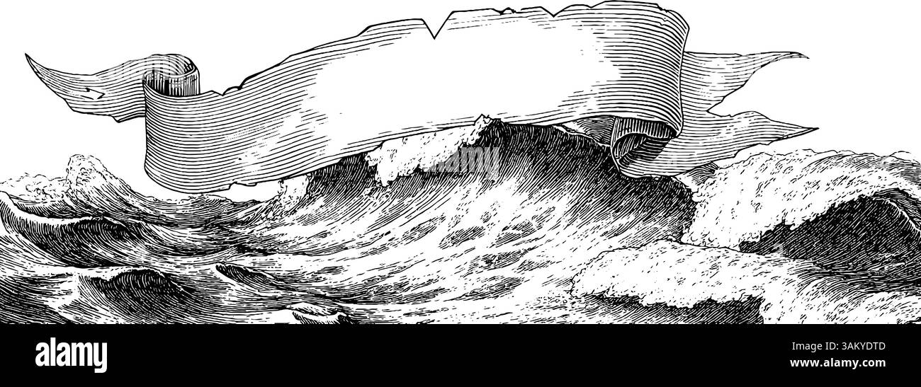 Intricate engraved illustration of ocean waves crashing with scroll ...