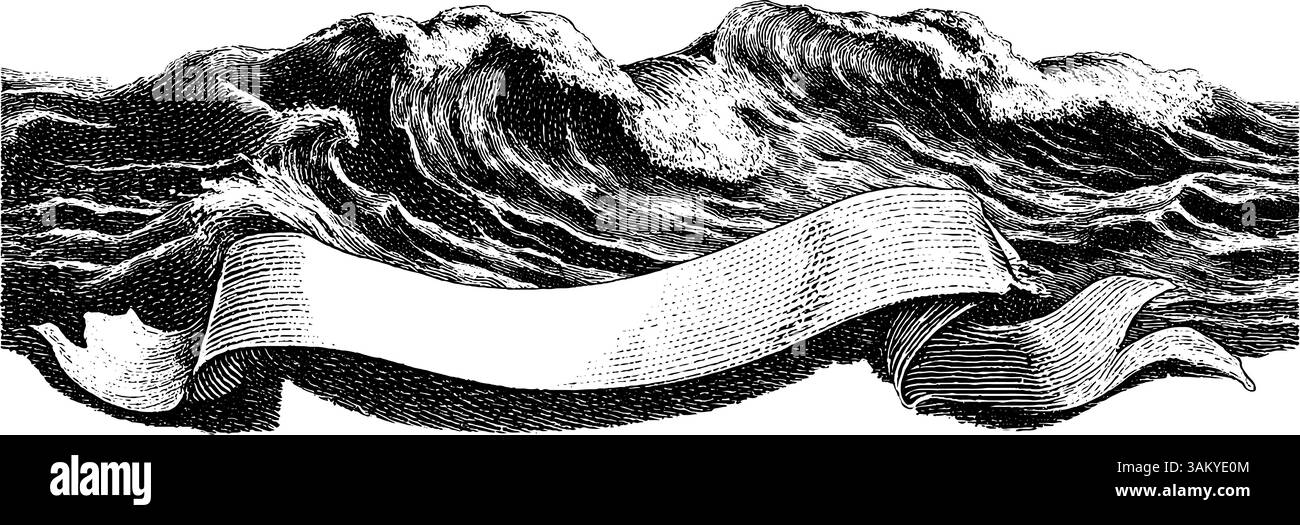 Ocean waves crashing in engraved illustration with blank banner design ...