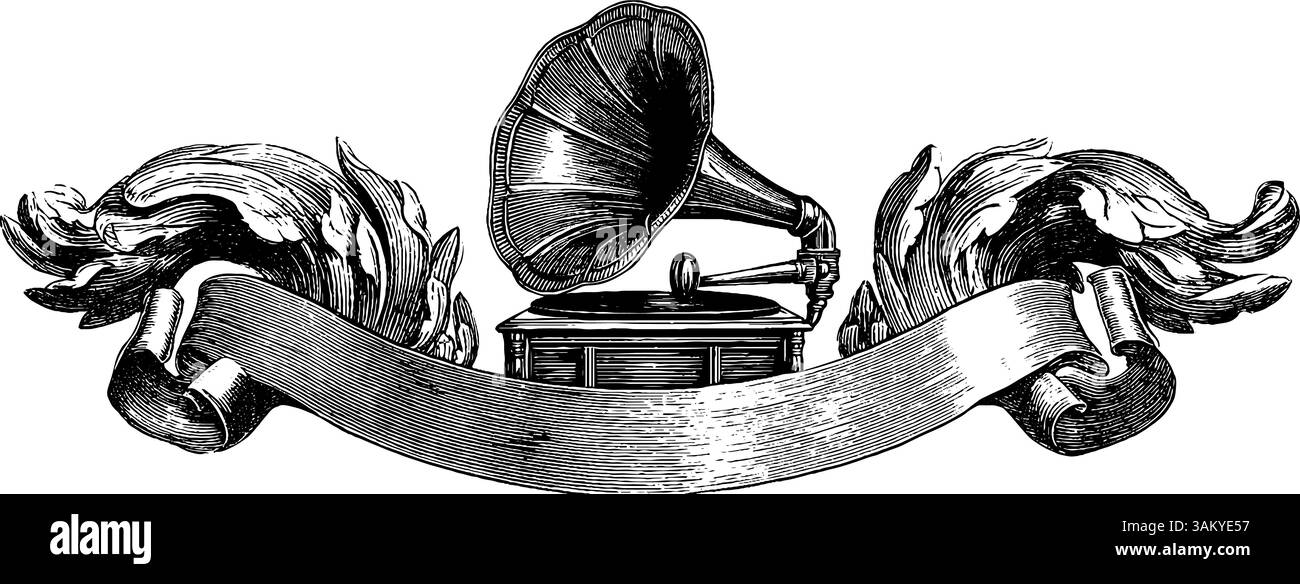 Vintage gramophone with ornate design and ribbon banner for antique ...