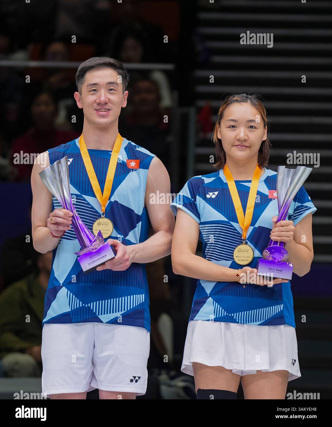 Ningbo, China's Zhejiang Province. 13th Apr, 2025. Gold medalists Tang ...