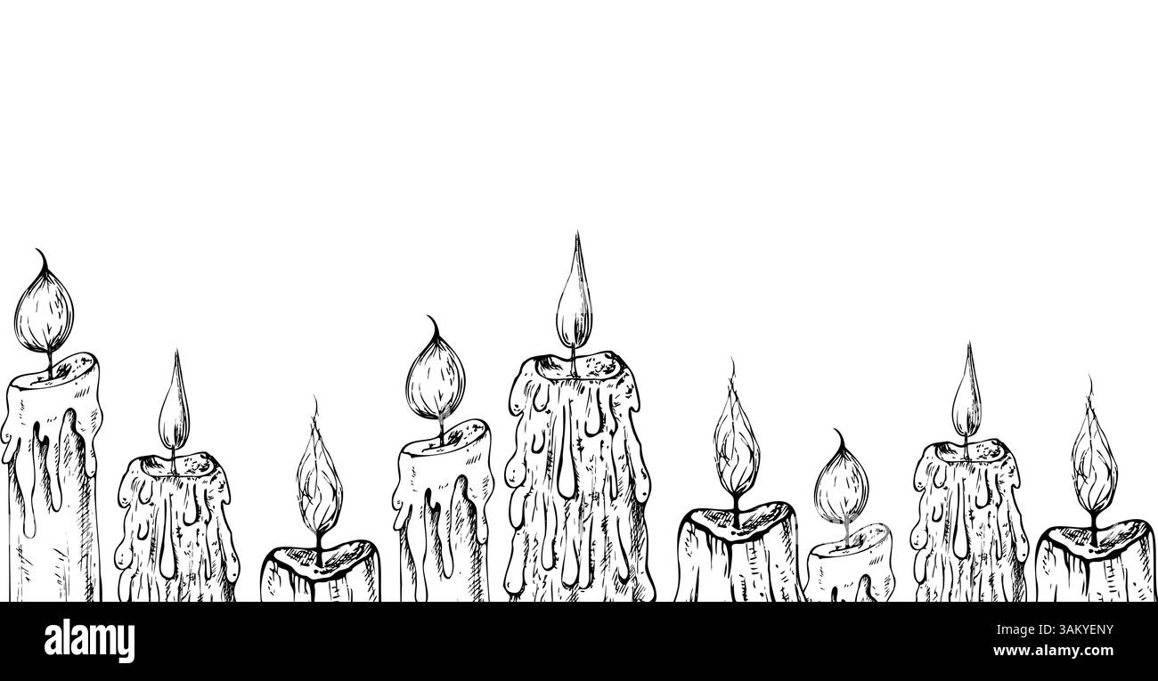 Vector border, banner candle with wick and wax. Hand painted linear ...