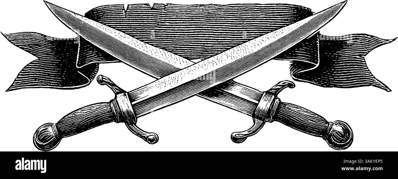 Vintage engraved illustration of crossed pirate swords with ribbon ...
