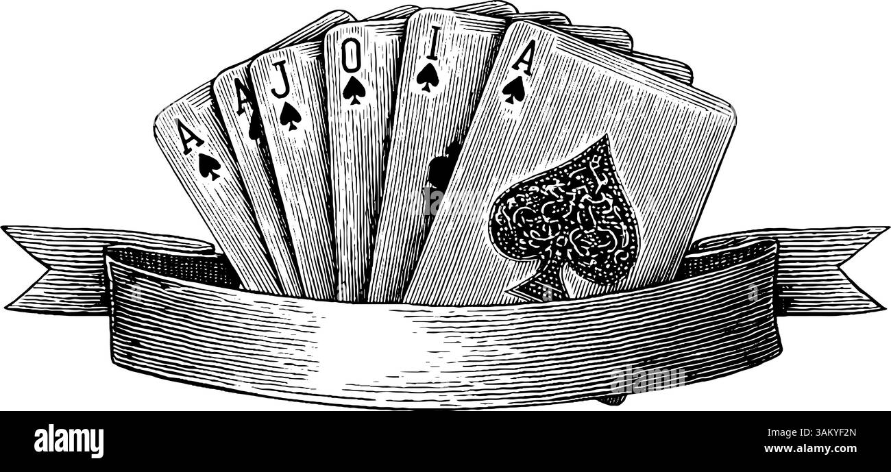 Vintage engraved playing cards fanned out with ribbon banner design for ...