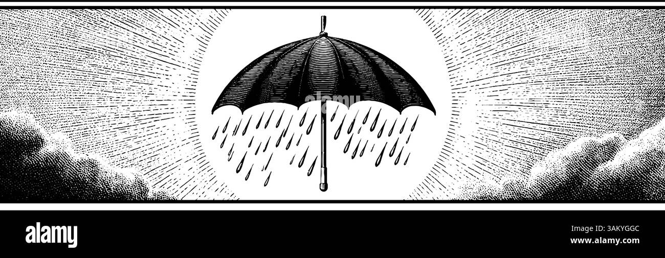 Engraved vintage umbrella with raindrops and radiant sunburst design ...
