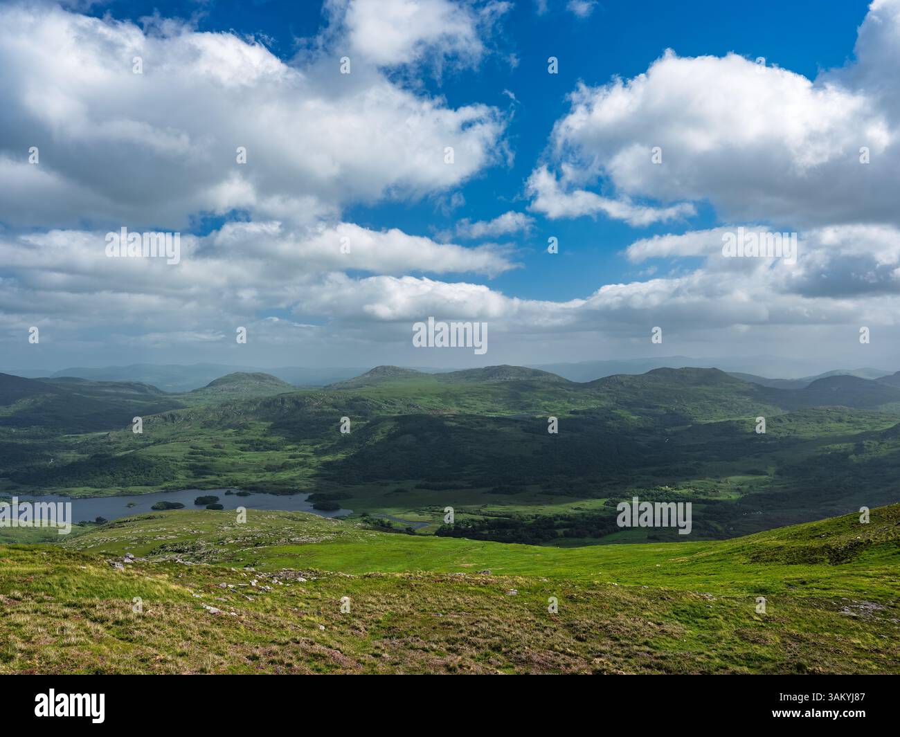 Aerial view of a mountainous region. Lush green vegetation covers the ...