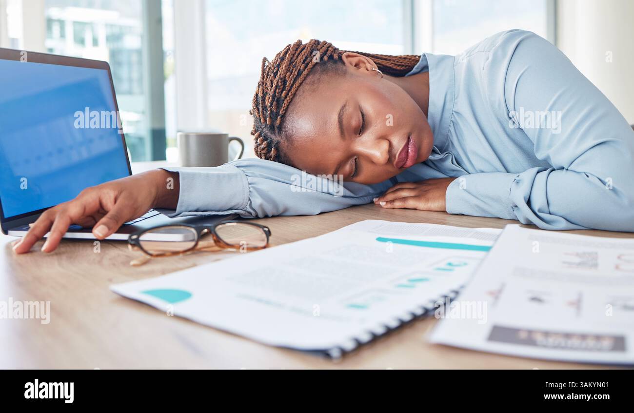 Sleeping, burnout and tired business woman exhausted after extra office working hours, overtime ...