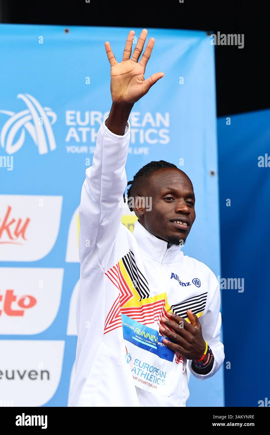 Brussels, Belgium. 13th Apr, 2025. Bronze medalist Belgian athlete ...