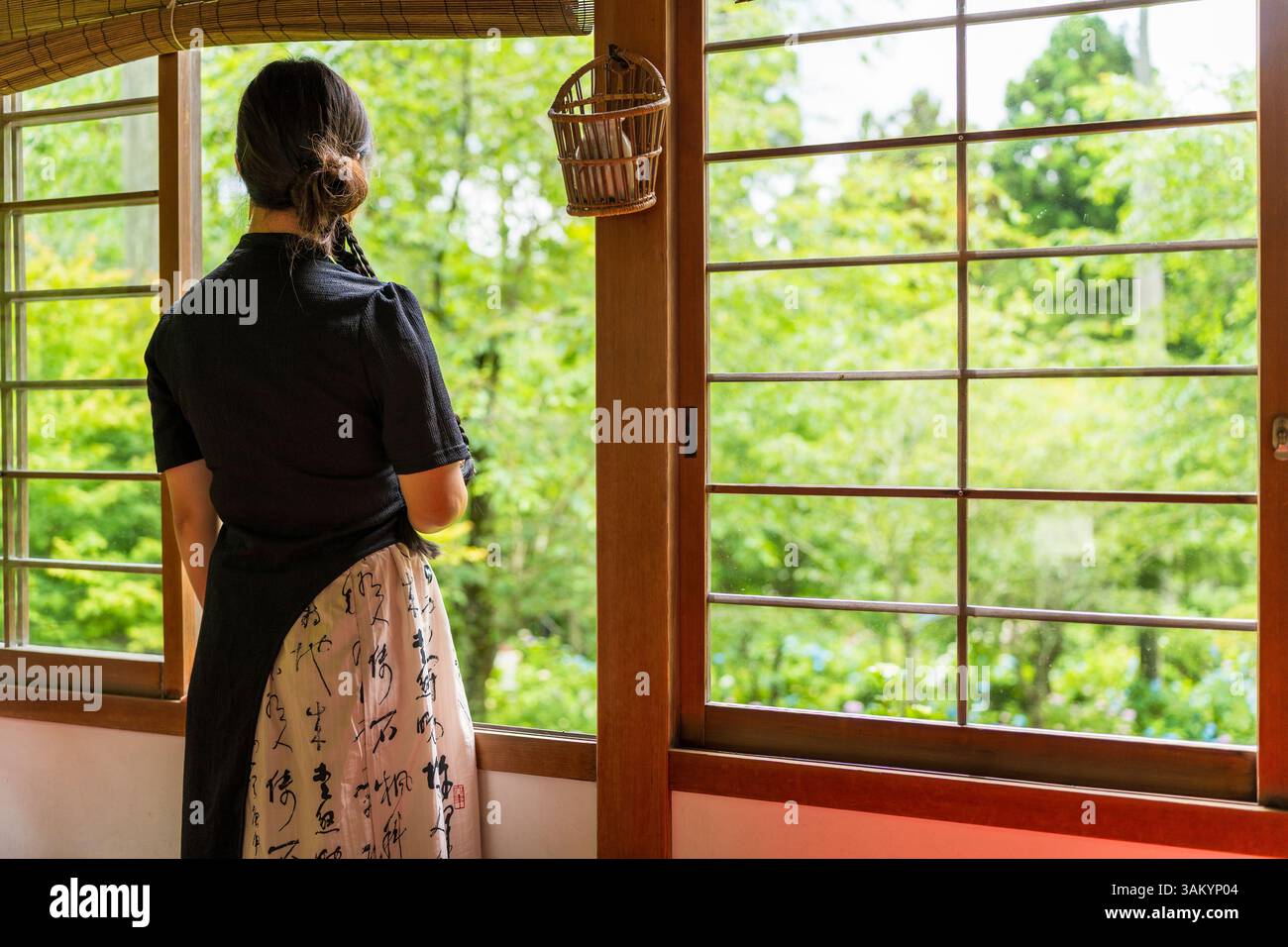 Back View of a woman looking at garden from traditional Japanese window ...
