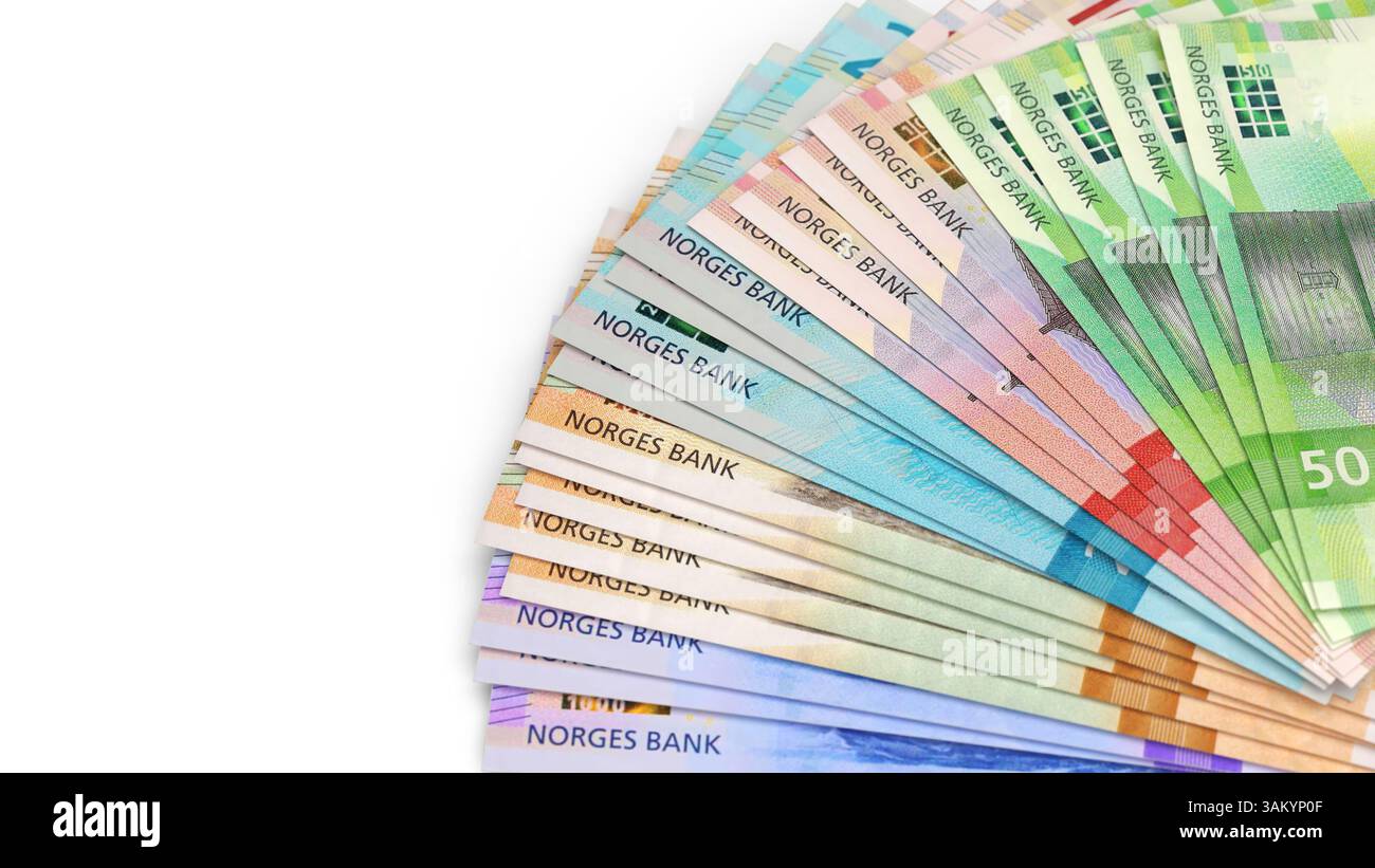 Fan arrangement of Norwegian Krone currency banknotes in various ...