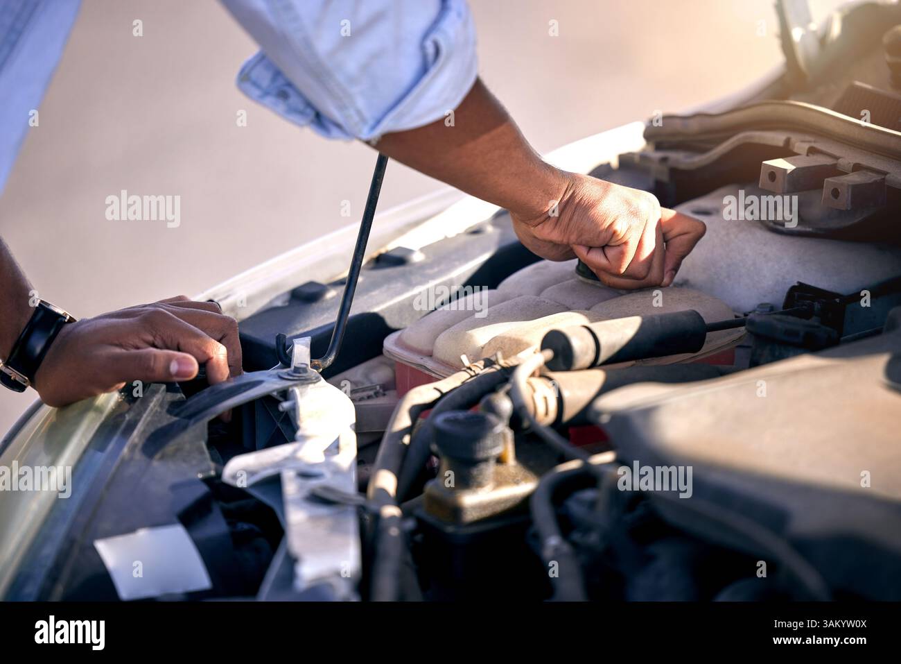 Hands, engine and water radiator with car problem on road for help by ...