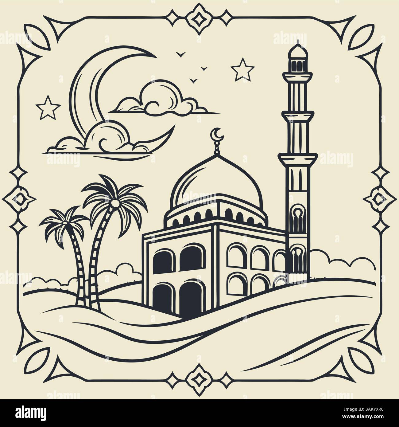 Line drawing of Mosque With Crescent Moon and Trees black and white ...
