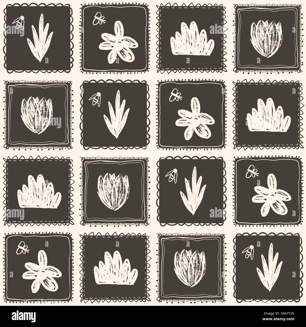 Tulip, daisy flowers seamless pattern. Linocut block print floral ...