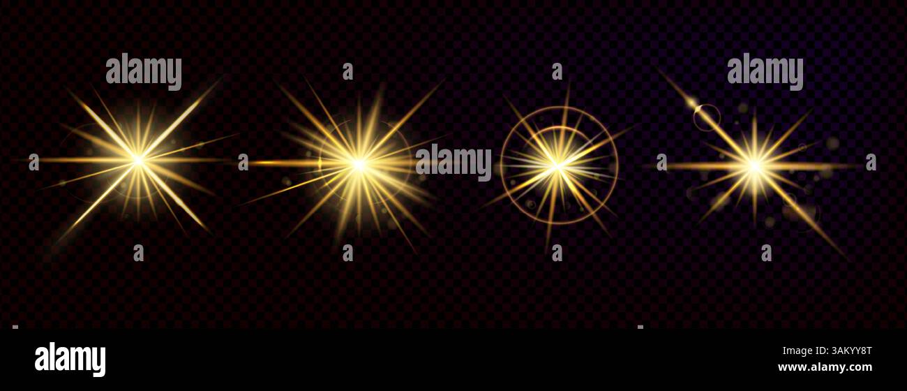 Light glint glare warm effect. Set of glowing gold stars with ...