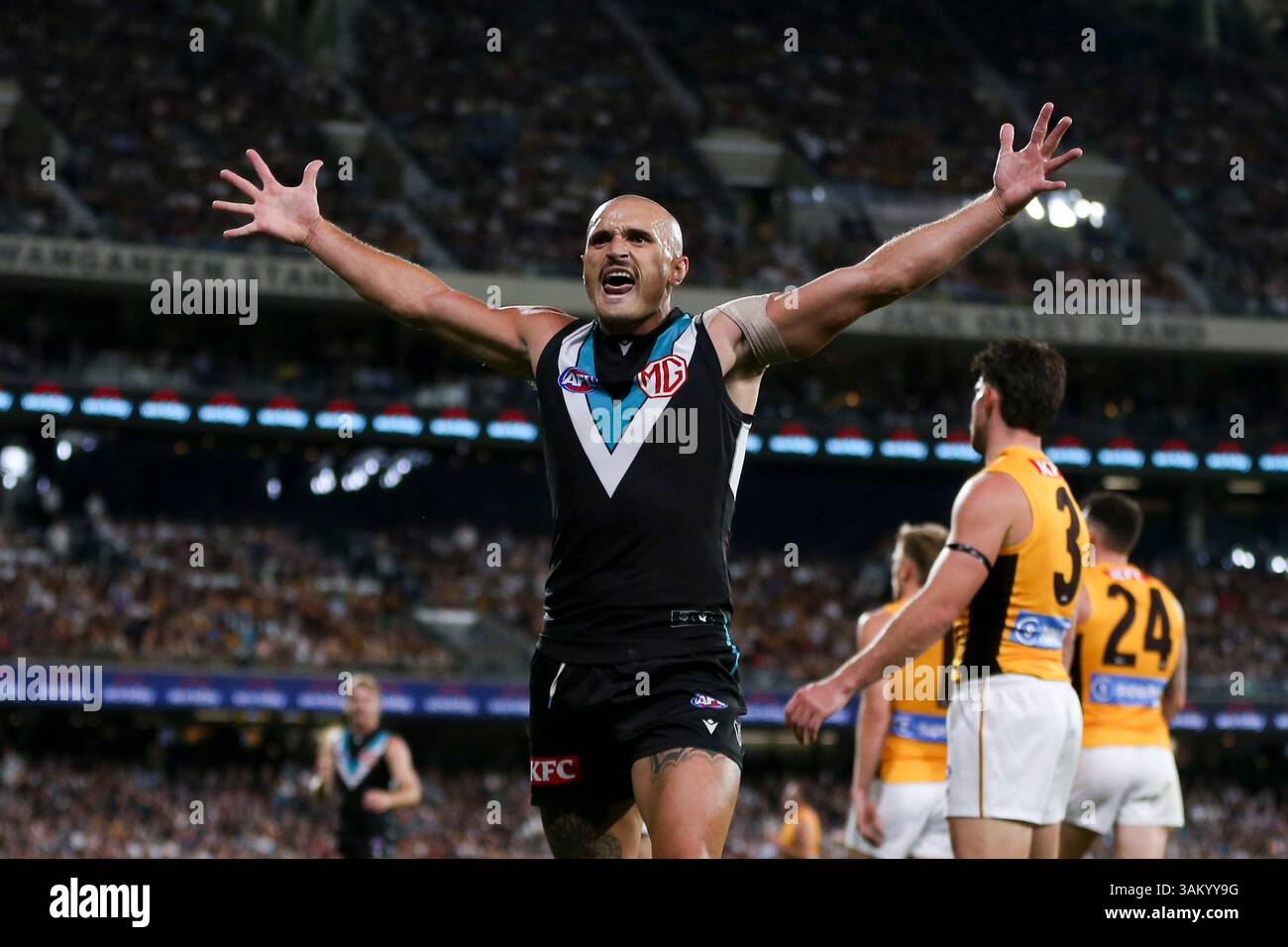 Sam Powell-Pepper of the Power celebrates a goal during the AFL Round 5 ...