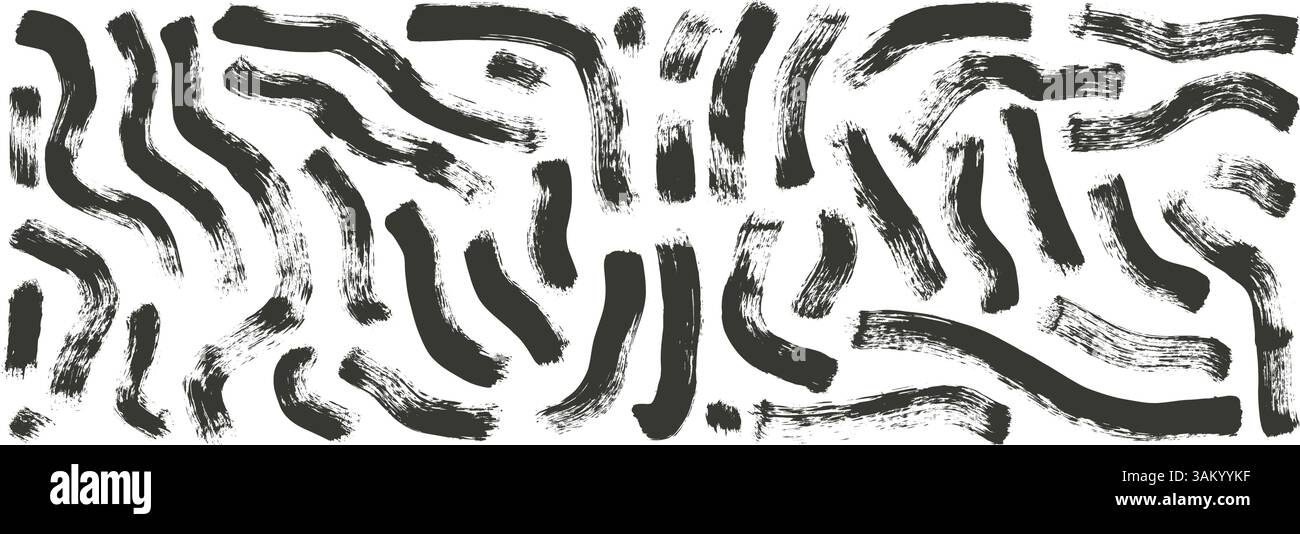 Black ink wavy brush stroke streak lines. Hand drawn dark vector long ...