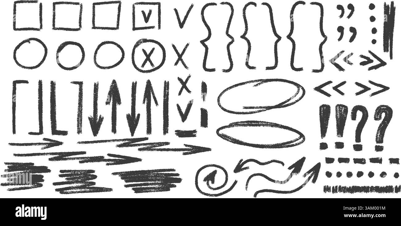 Check marks, arrow doodle set. Crayon underlines, quotation marks ...