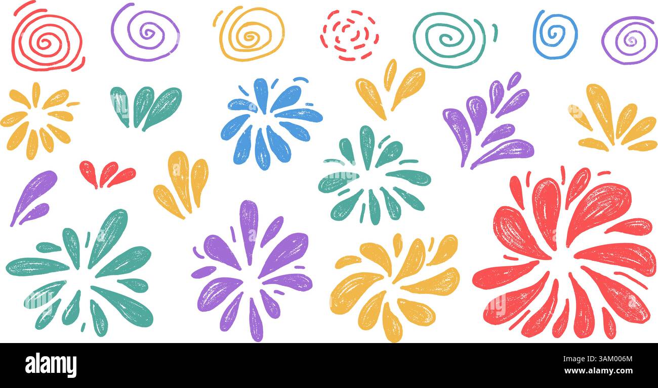 Firework crayon set. Colorful party firecrackers and splashes in ...