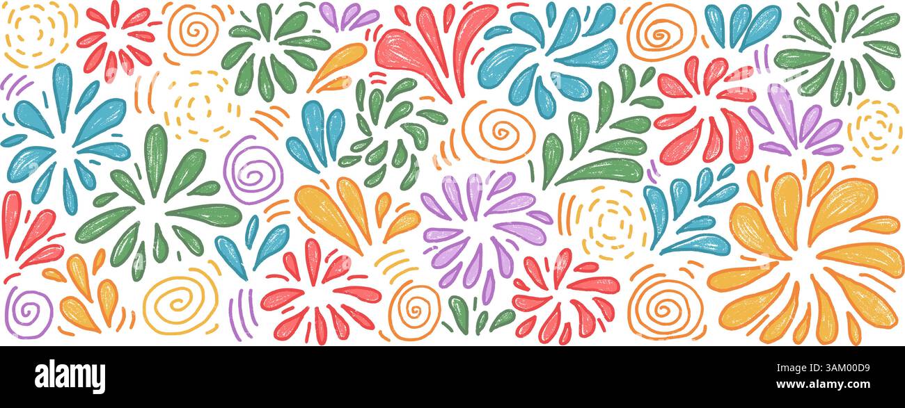 Firework multi colors sketch drawing by wax crayon set. Night party ...