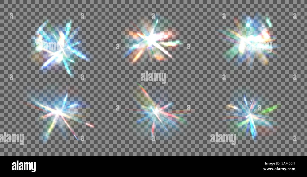 Light crystal prism sparkles set. Flare glow effect with diamond iridescent glass shine ...